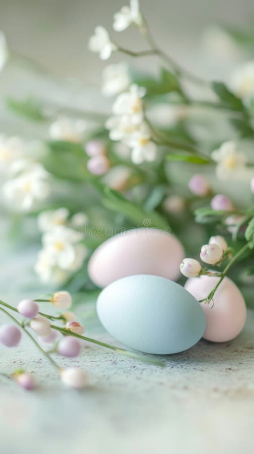 Easter Pastel Eggs and Green Leaves on Soft Background Stock ...