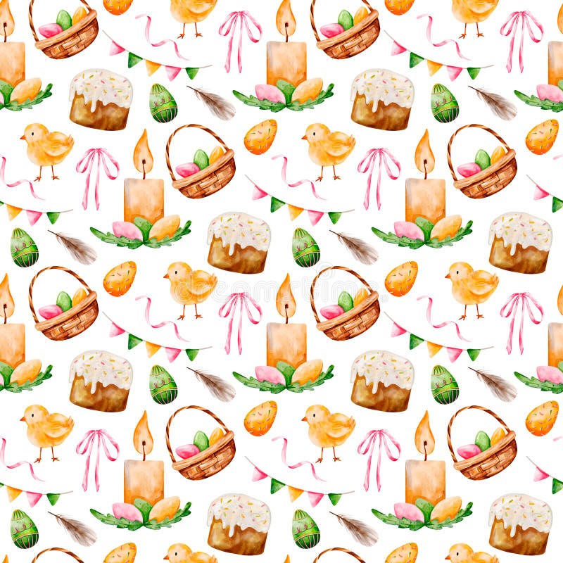 Easter Pattern Celebration - Watercolor Illustration of Eggs, Candles ...
