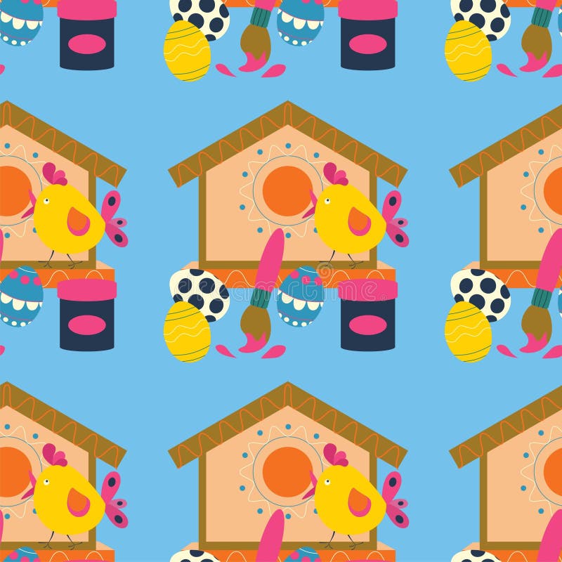 Easter Pattern with Eggs, Chicken, Bird House, Brush and Paint Stock ...