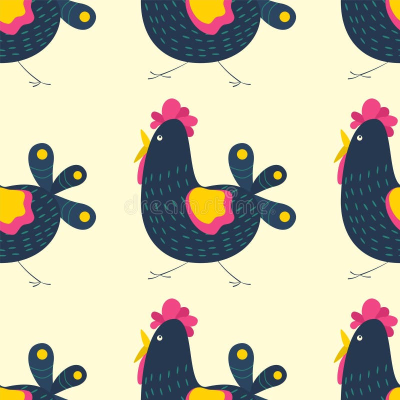Easter Pattern with Funny Chicken, Bird with Ornament Stock Vector - Illustration of spring ...