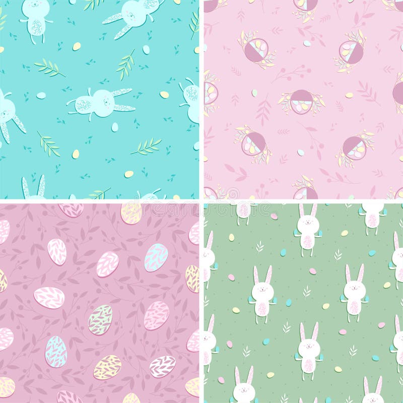 Easter Pattern Set. Seamless Vector Illustration with Bunnies, Easter Baskets, Eggs Stock Vector ...