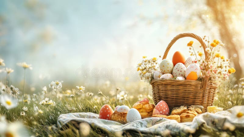 Easter Picnic Basket with Eggs, Fruit, and Pastries in Sunny Meadow ...