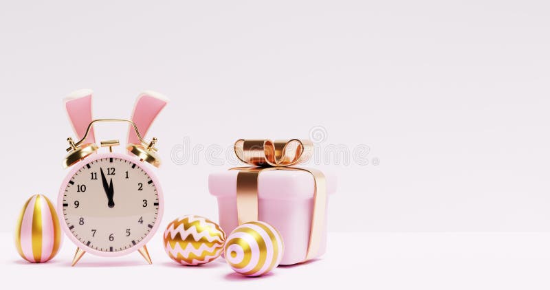 Easter. Pink Alarm Clock in Rabbit Ears Shiny Eggs Gift Box Stock ...