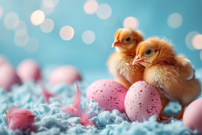 Easter. Pink Easter Eggs and Cute Yellow Chicks on a Blue Background ...