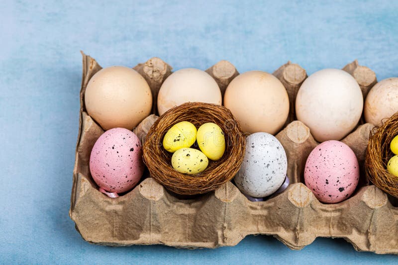 Easter Pink and White Eggs in an Egg Stand on a Blue Background ...