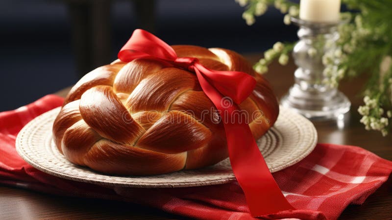 Easter Plaited Bread with a Red Bow on the Table, Easter Celebration ...