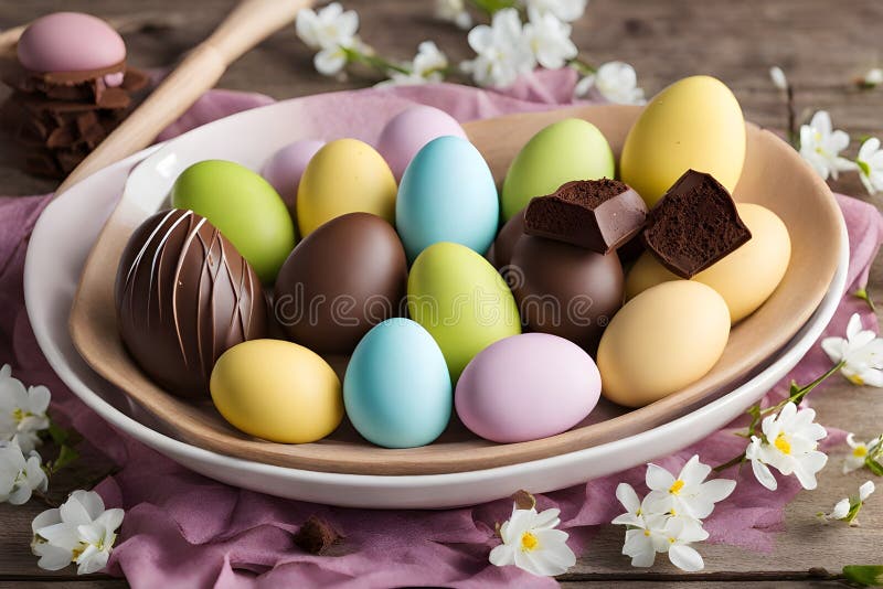 Easter Plate Full of Painted and Chocolate Eggs, Chocolate Bar, Easter ...