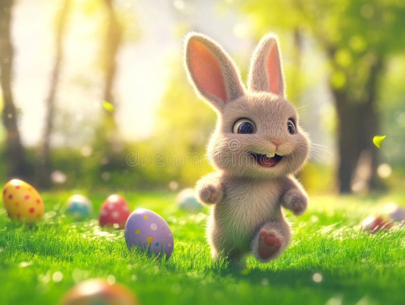 An Easter Poster with a Cute Bunny Character Running Happily and ...