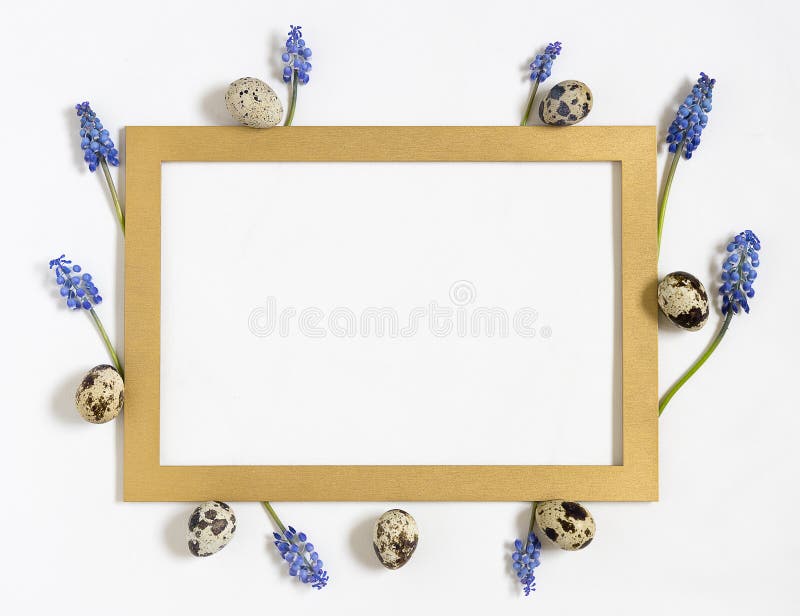 Easter Quail Eggs, Fresh Springtime Flowers and Golden Frame.Top View ...