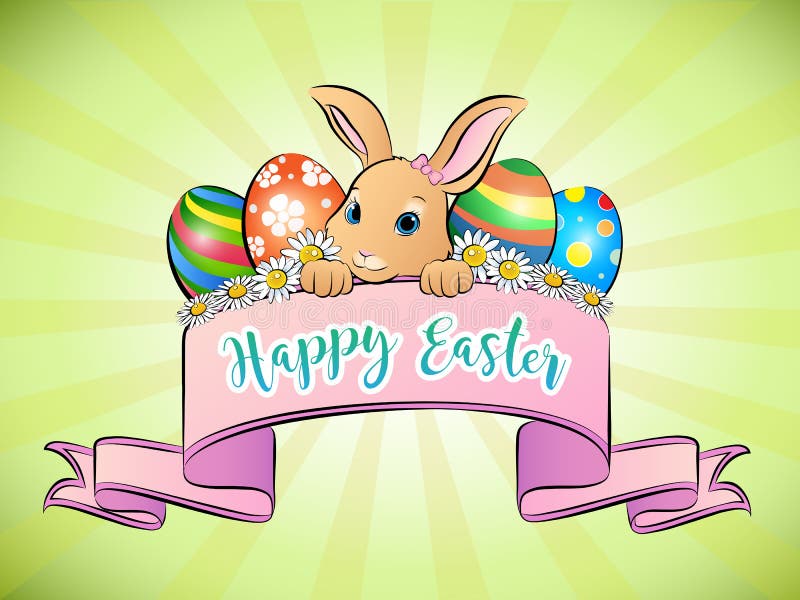 Happy Easter Banner Greeting Card. Cartoon Hand Drawing Design Stock ...
