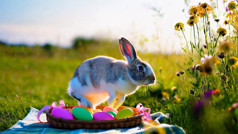 Easter Rabbit and Basket Full of Colored Eggs Stock Footage - Video of ...