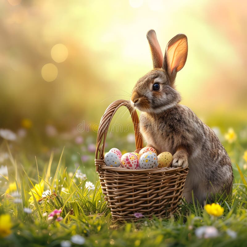 Easter Rabbit and Basket Full of Colorful Easter Eggs and Spring ...