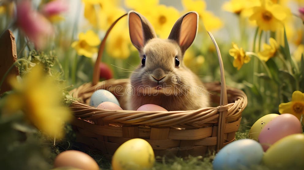 Easter Rabbit in a Basket in Spring Stock Image - Image of bunny ...
