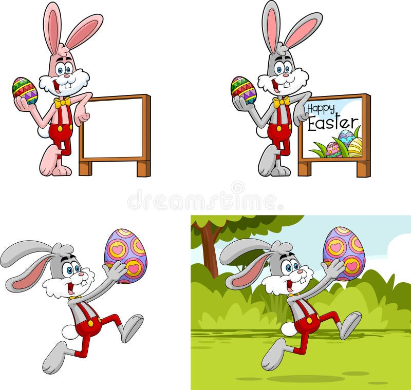 Easter Rabbit Cartoon Mascot Characters. Vector Hand Drawn Collection ...