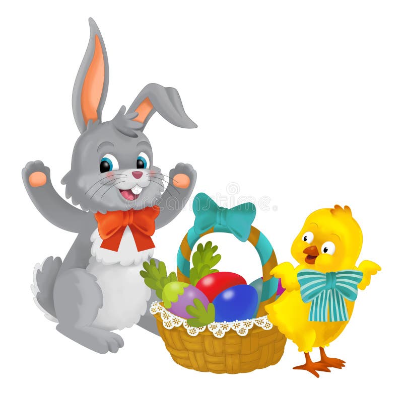 Easter Rabbit and Chicken with Easter Eggs in Basket Isolated ...