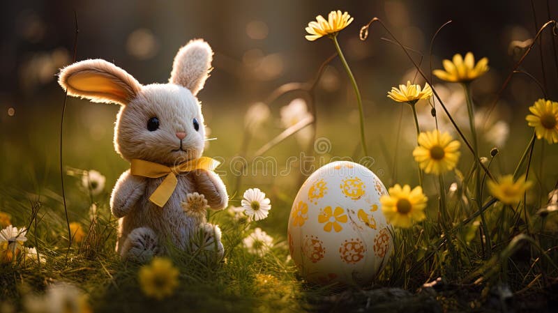 Easter Rabbit, Giving an Egg with Symbols of Spring and Love Stock ...