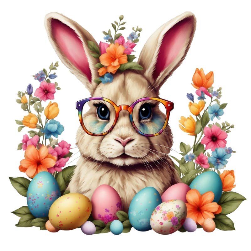 Easter Rabbit with Glasses among Spring Flowers Stock Photo ...