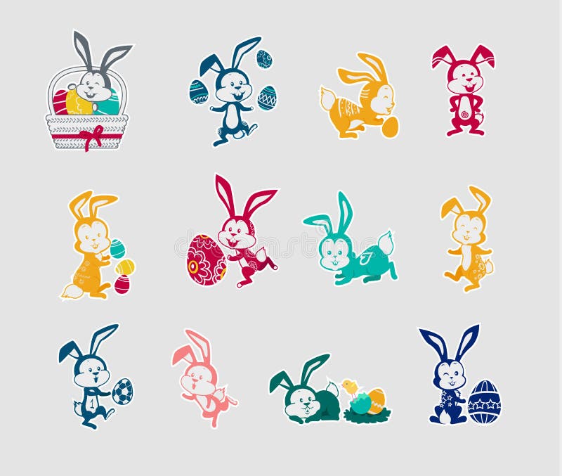 Easter Rabbit Icon Set Design Flat Stock Vector - Illustration of ...