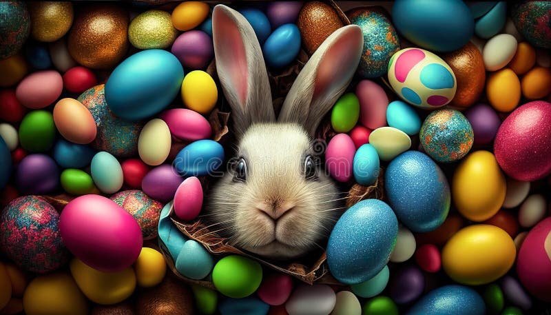 Easter Rabbit Looks Trough Many Colorful Easter Eggs Background ...