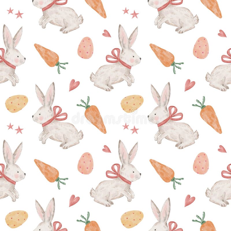 Seamless Pattern with Cute Easter Bunny, Colorful Eggs, Carrots, Easter ...