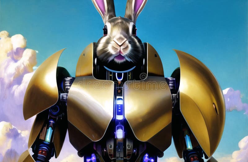 Easter Rabbit Robot Flyer in Nature Landscape. Modern Easter Theme ...