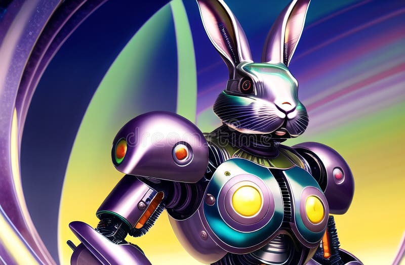 Easter Rabbit Robot Flyer in Nature Landscape. Modern Easter Theme ...