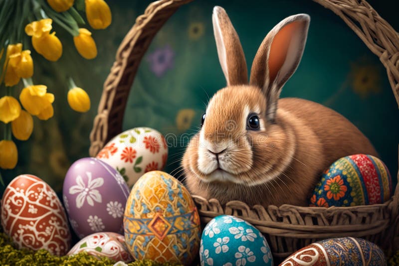 Easter Rabbit Sits in a Basket Near Painted Easter Eggs Stock Image ...