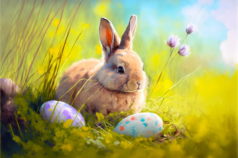 Easter Rabbit on the Spring Meadow. Cute Easter Bunny Illustration ...
