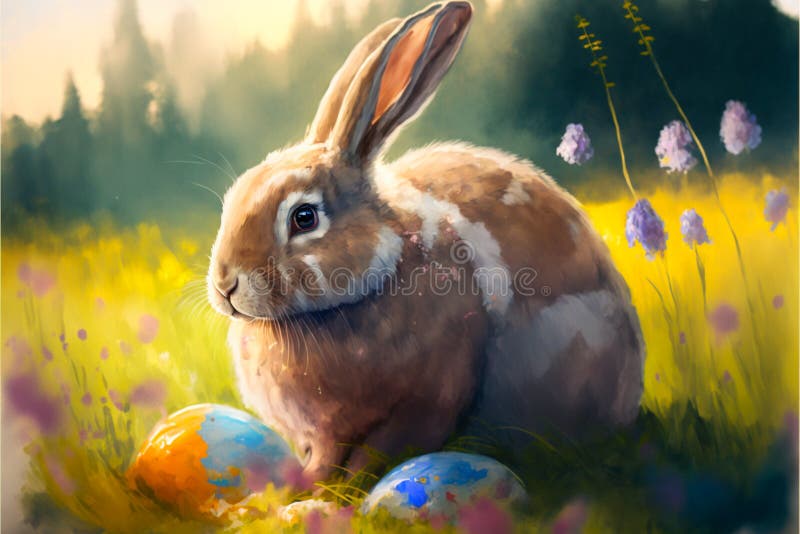 Easter Rabbit on the Spring Meadow. Cute Easter Bunny Illustration ...