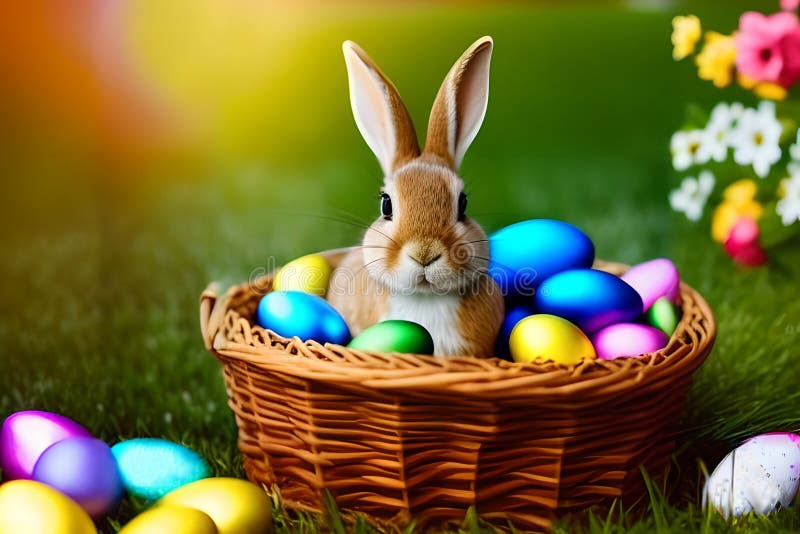 Easter Rabbit and Basket with Eggs Stock Illustration - Illustration of ...