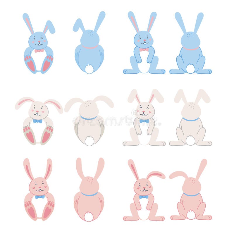 Easter Rabbits. Easter Cartoon Bunny from Front and Back Side on White ...