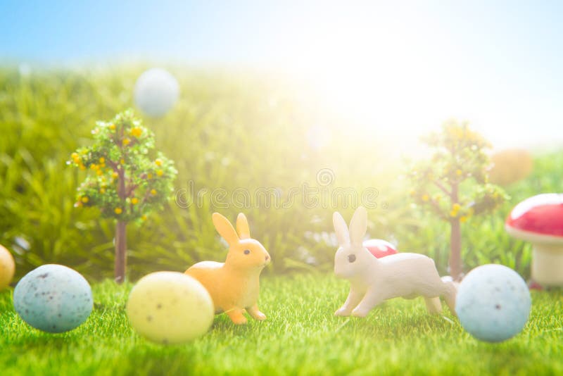 Easter Rabbits Toy on Spring Green Grass. Fairy Tale Stock Photo ...