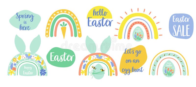 Easter Rainbow Set. Easter Quotes in Abstract Shapes. Rabbit Bunny Ears ...