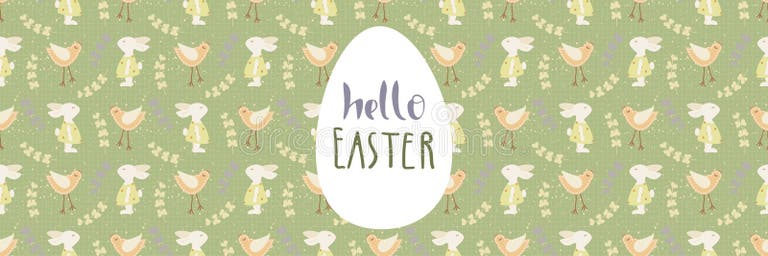 Easter Rectangular Flyer with Cute Rabbits and Birds Pattern. the Inscription "Hello Easter" in ...