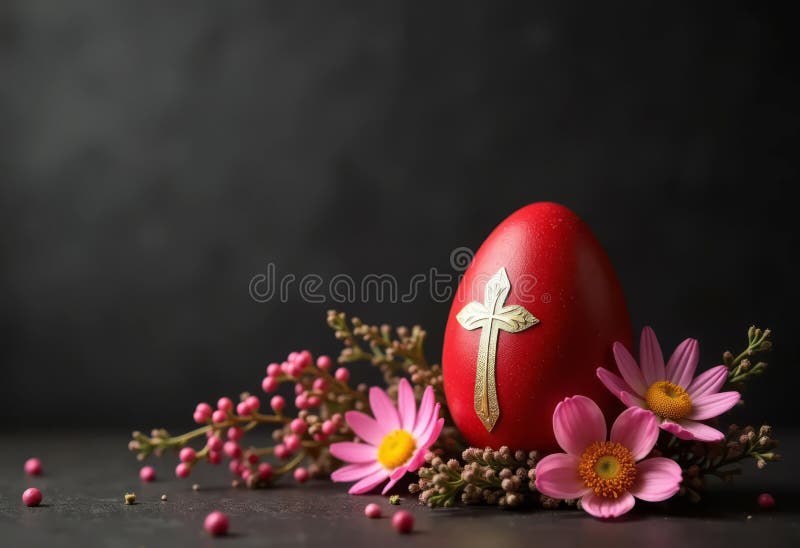 Easter Red Egg with a Cross on a Black Background with Flowers Stock ...