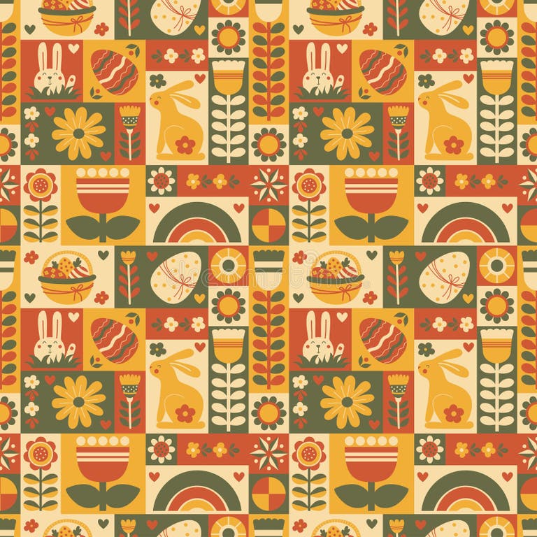 Easter Retro Seamless Pattern. Repeatable Abstract Nostalgia Pattern Tile Design with Bunny, Egg ...