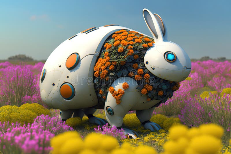 Easter Robot Rabbit White in Flowers on a Field with Flowers and Grass ...