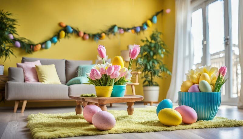Easter Room Interior, Easter Eggs, Bunny. Decor in Blue and Yellow ...