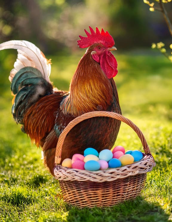 Easter Rooster with Easter Eggs in Basket Stock Image - Image of ...