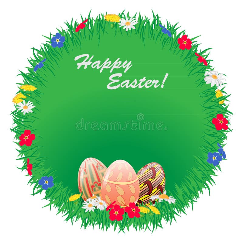 Easter Round Frame of Grass with Flowers and Painted Eggs. Stock Vector ...