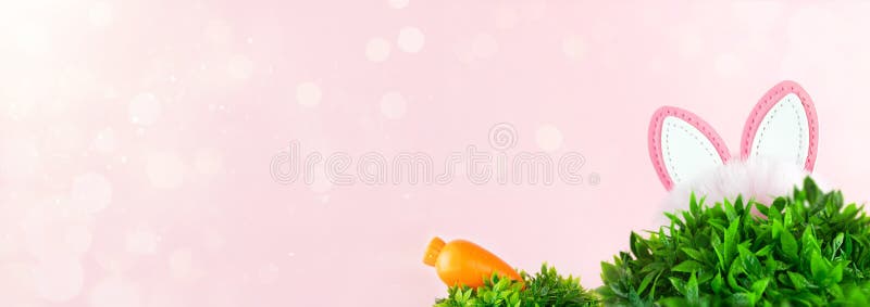 Easter Sale with Bunny`s Ears and Carrot in Grass on Pink Background ...