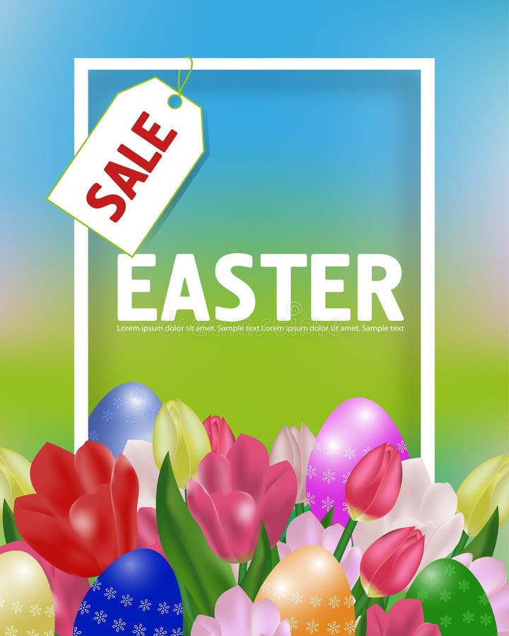 Easter Sale Poster or Banner with Tulips and Paschal Eggs. Spring Time ...