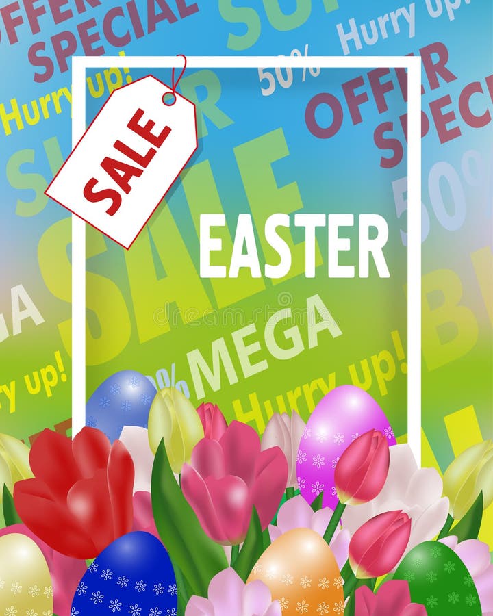 Easter Sale Poster or Banner with Tulips and Paschal Eggs. Spring Time ...