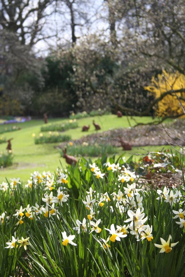Easter scene stock image. Image of flowers, yellow, bunnies - 685639