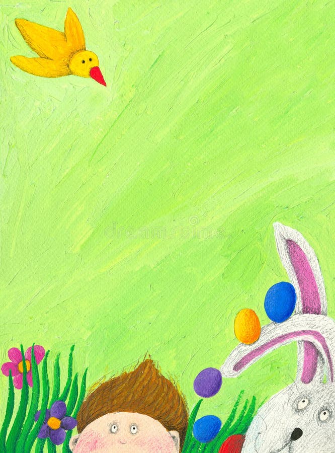 Easter Scene with Boy, Rabbit and Bird Stock Illustration ...