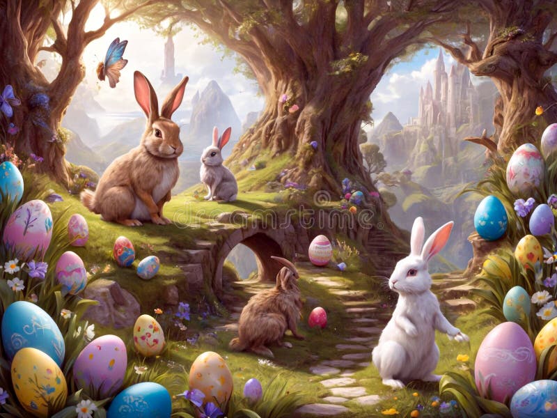 Easter Scene with Bunnies and Colored Eggs in the Forest Stock ...