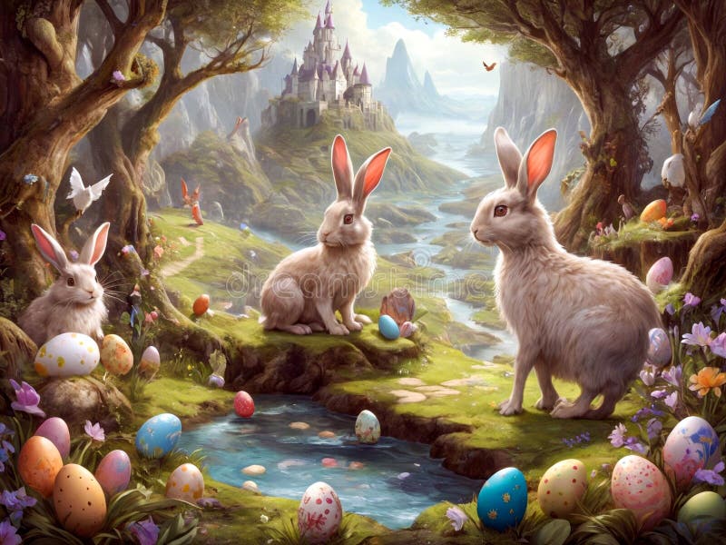 Easter Scene with Bunnies and Colored Eggs in the Forest Stock ...