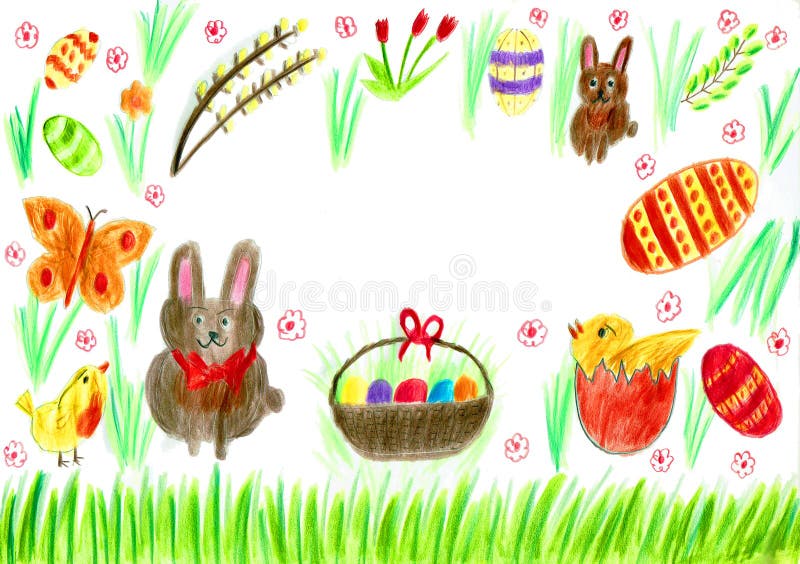 Easter Scene with Copy Space - Hand Drawn with Colored Pencils Stock ...