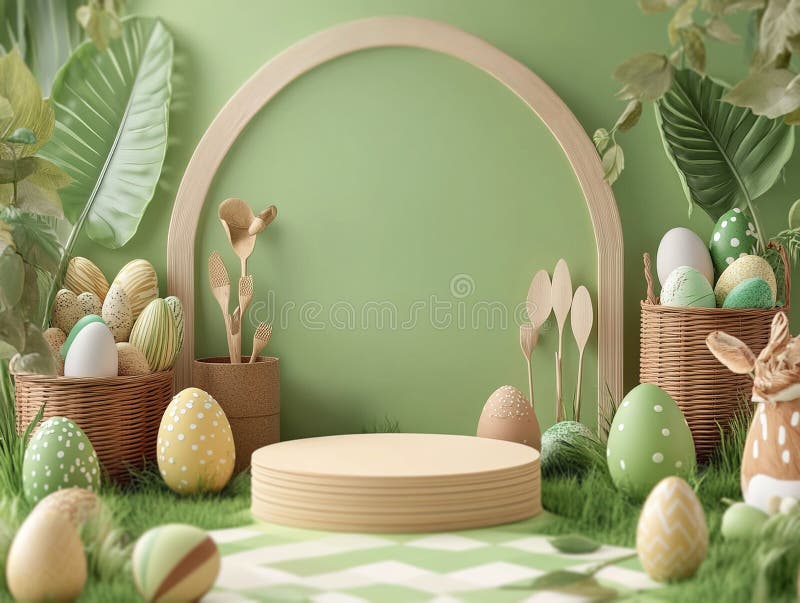 An Easter Scene Features a Colorful Display of Eggs and Baskets, with a ...