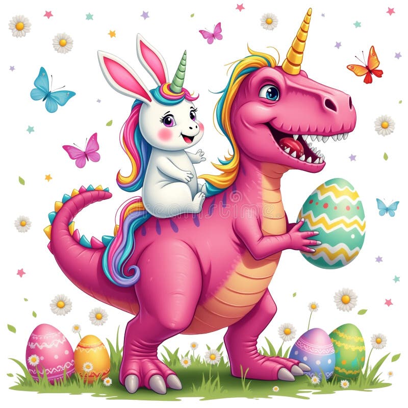 A Easter Scene Features a Pink Dinosaur and a Rabbit-unicorn Stock ...